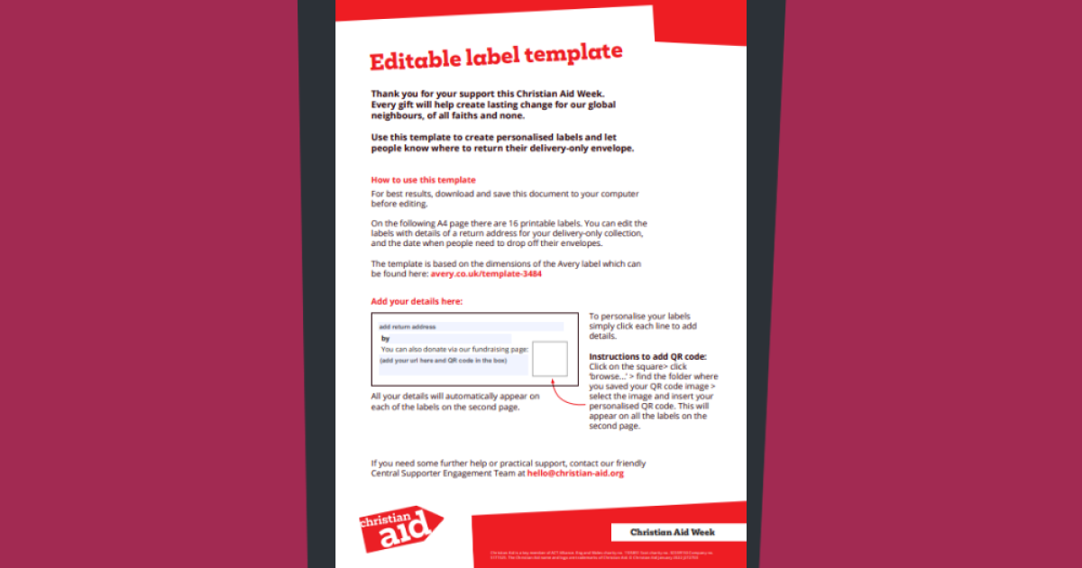Editable label template (16 sheet) - Christian Aid Resources
